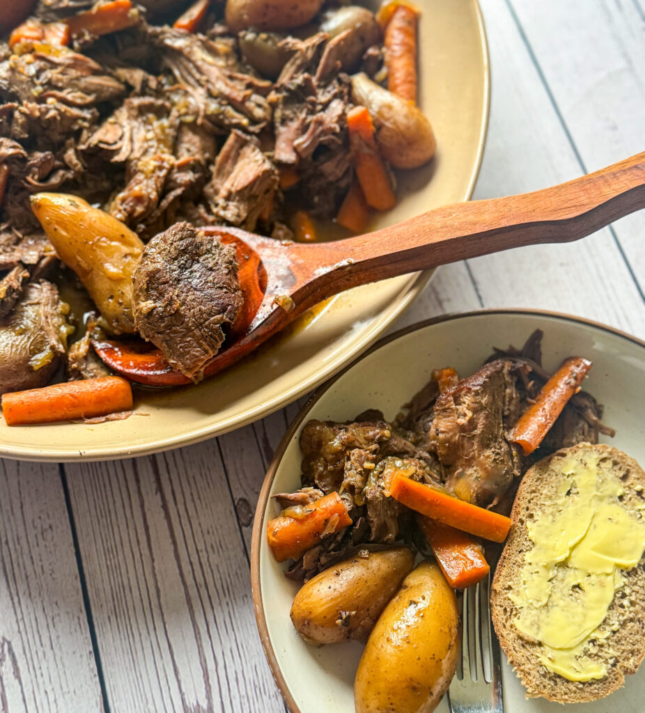 Garlicky Bison Pot Roast with Root Veggies in the Crockpot