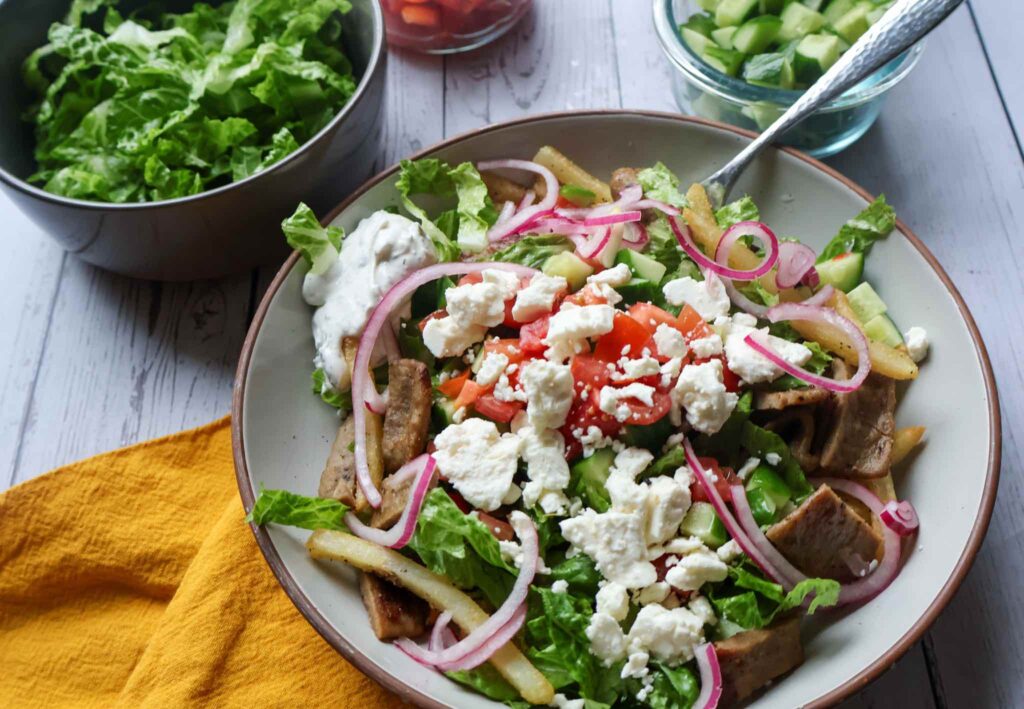 Loaded Sheet Pan Gyro Fries - The Sweet, Simple Things